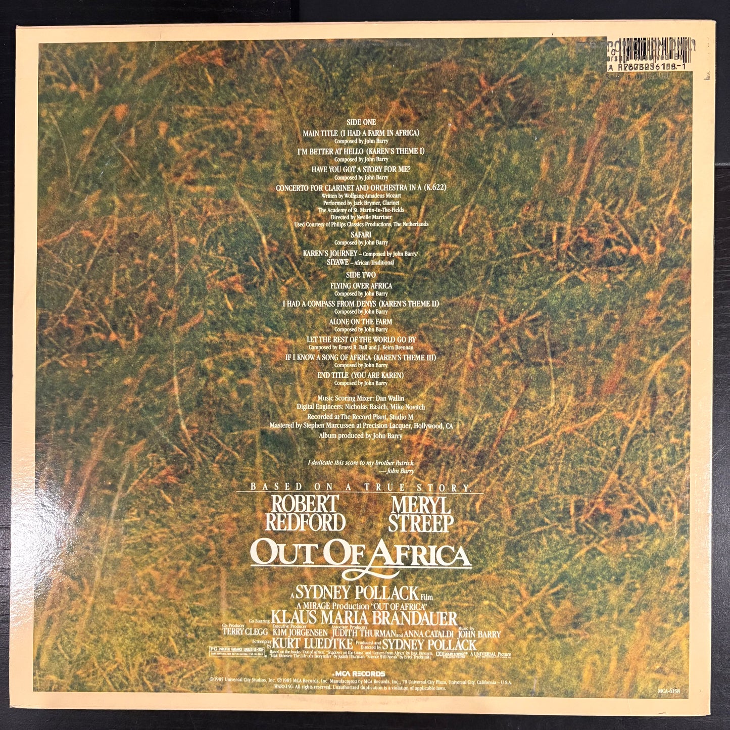 John Barry, "Out of Africa Soundtrack" [VG Used] – Underdog Records WSNC